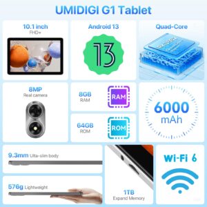 UMIDIGI G1 Tab Android 13 Tablet 2024, 8（4+4） GB+64GB 1TB Expand, Wi-Fi 6 Model, 10.1 inch Tablet with Quad-Core Processor up to 2.0 GHz, 6000mAh, Dual Camera, BT, 1280 * 800 HD IPS Touch Screen