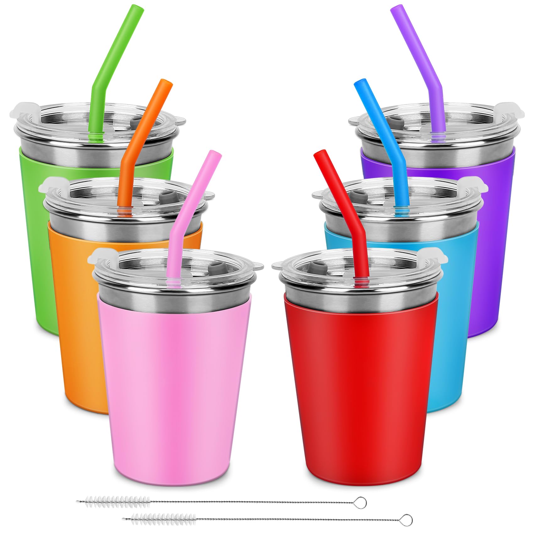 Rommeka Straw Cups For Kids, 12oz Stainless Steel Toddler Cups with Straws and Lids, Unbreakable Spill Proof Cups for Kids, Fits Most Cup Holders and Dishwasher Safe, 6 Pack