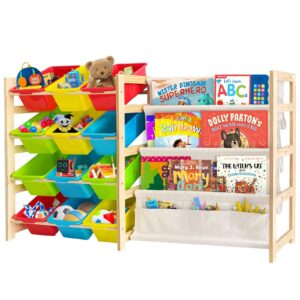 experlam kids toy storage organizer with bookshelf - 12 storage bins 4-tier multipurpose shelf to organize toys and books for kids room, playroom, nursery room