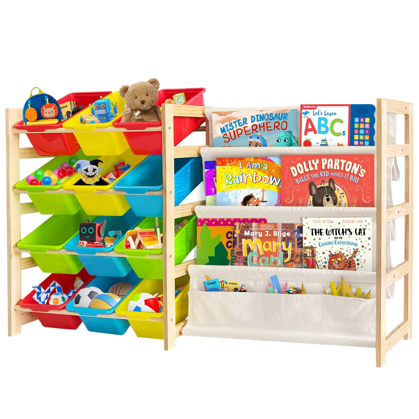 EXPERLAM Kids Toy Storage Organizer with Bookshelf - 12 Storage Bins 4-Tier Multipurpose Shelf to Organize Toys and Books for Kids Room, Playroom, Nursery Room