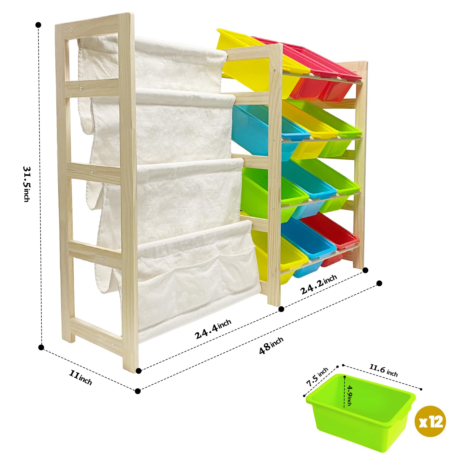 EXPERLAM Kids Toy Storage Organizer with Bookshelf - 12 Storage Bins 4-Tier Multipurpose Shelf to Organize Toys and Books for Kids Room, Playroom, Nursery Room