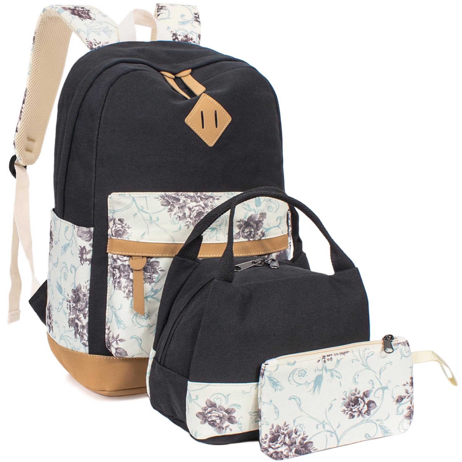 Leaper Floral Canvas Backpack Laptop Bag Daypack Lunch Bag Purse 3 in 1 Black