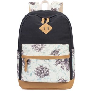 Leaper Floral Canvas Backpack Laptop Bag Daypack Lunch Bag Purse 3 in 1 Black