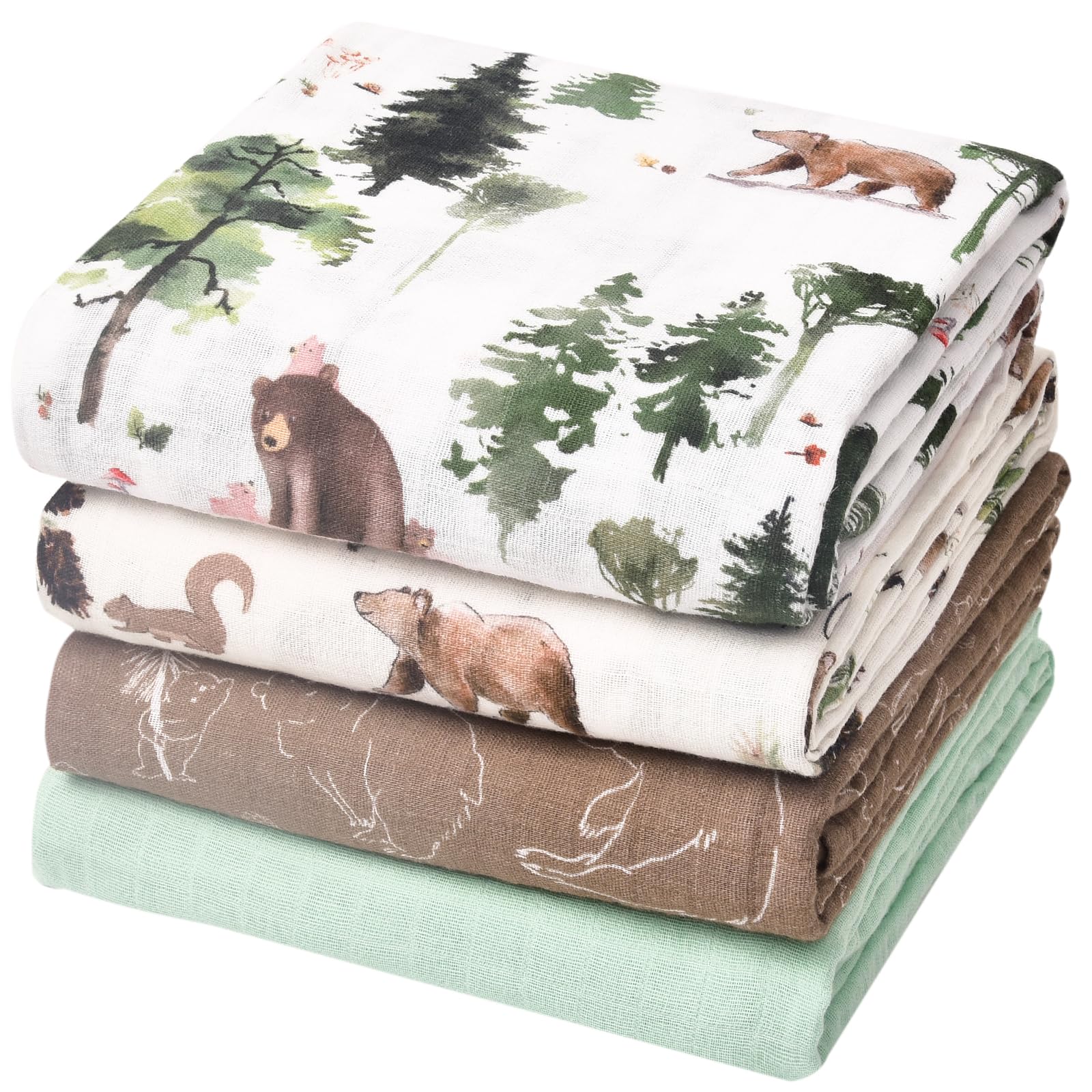 david's kids 4 Pack Baby Muslin Swaddle Blankets, 100% Cotton Swaddling Blankets Wrap for Boys Girls, Ultra Soft Breathable Receiving Blanket, New Born Essentials, Woodland Animals/Green