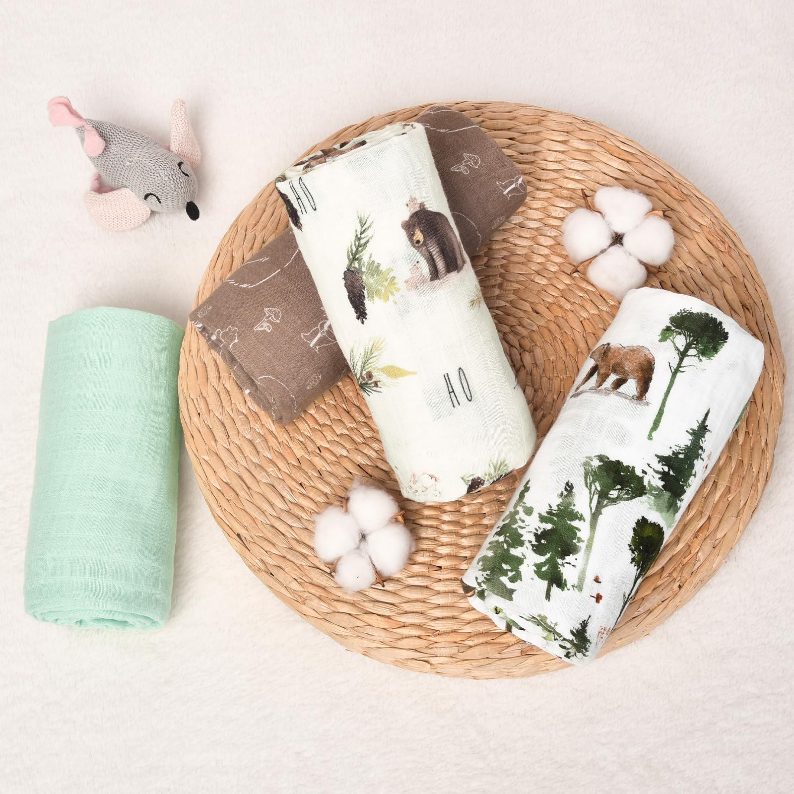 david's kids 4 Pack Baby Muslin Swaddle Blankets, 100% Cotton Swaddling Blankets Wrap for Boys Girls, Ultra Soft Breathable Receiving Blanket, New Born Essentials, Woodland Animals/Green