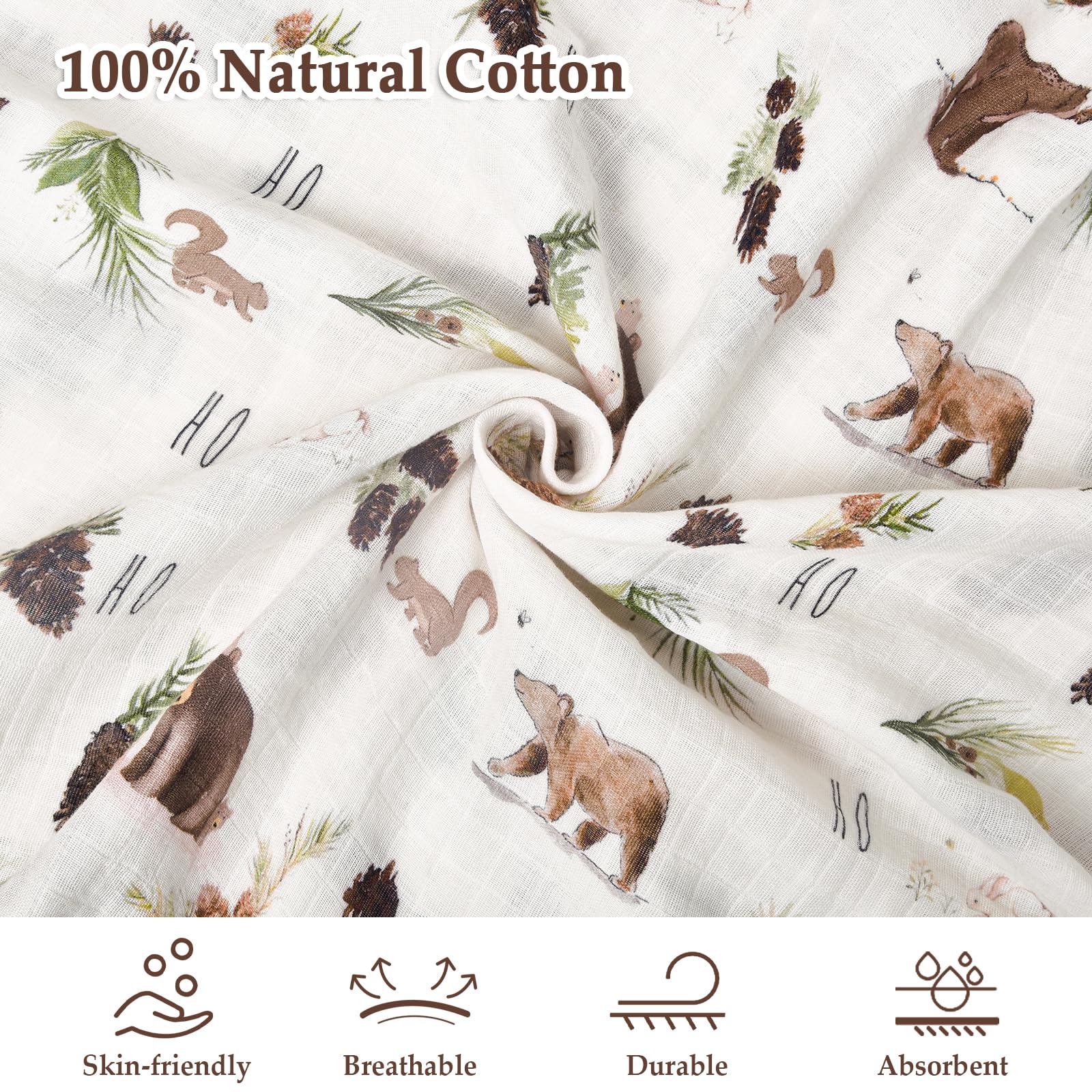 david's kids 4 Pack Baby Muslin Swaddle Blankets, 100% Cotton Swaddling Blankets Wrap for Boys Girls, Ultra Soft Breathable Receiving Blanket, New Born Essentials, Woodland Animals/Green