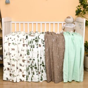 david's kids 4 Pack Baby Muslin Swaddle Blankets, 100% Cotton Swaddling Blankets Wrap for Boys Girls, Ultra Soft Breathable Receiving Blanket, New Born Essentials, Woodland Animals/Green