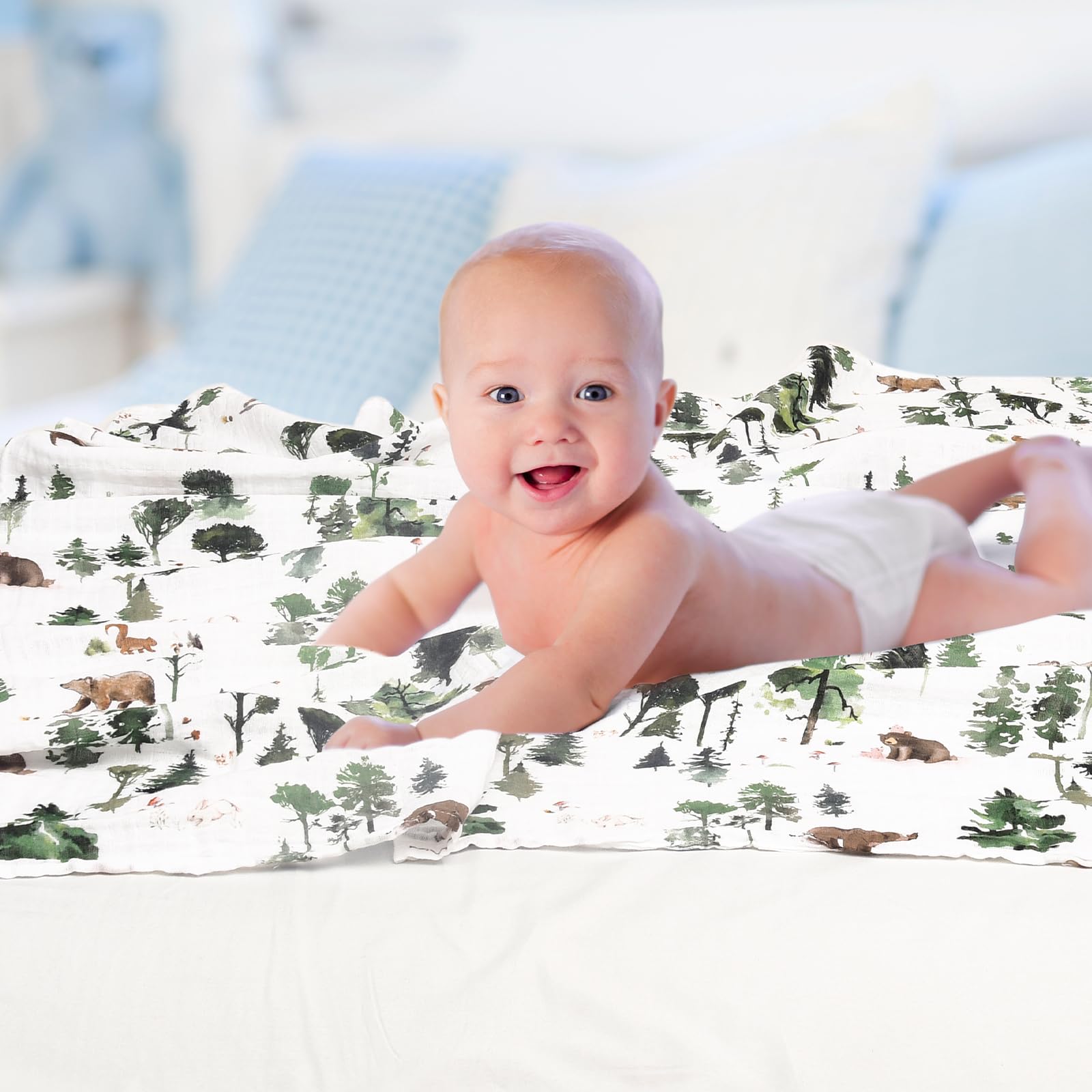 david's kids 4 Pack Baby Muslin Swaddle Blankets, 100% Cotton Swaddling Blankets Wrap for Boys Girls, Ultra Soft Breathable Receiving Blanket, New Born Essentials, Woodland Animals/Green