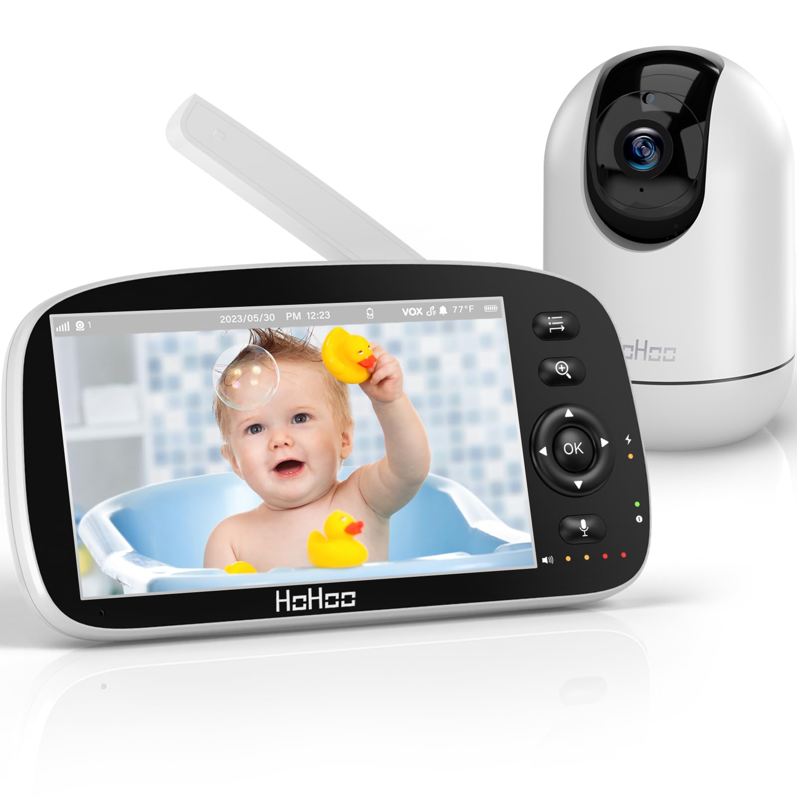 HOHOO Baby Monitor, 5" 720P HD Split Screen, 30 Hours Battery Life Baby Monitor with Camera and Audio|Remote PTZ, Two-Way Audio, Zoom, Night Vision, Lullabies, 960ft Long Range