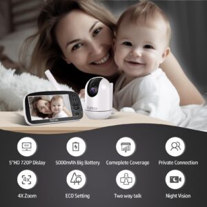 HOHOO Baby Monitor, 5" 720P HD Split Screen, 30 Hours Battery Life Baby Monitor with Camera and Audio|Remote PTZ, Two-Way Audio, Zoom, Night Vision, Lullabies, 960ft Long Range