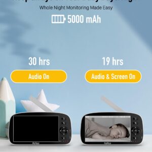 HOHOO Baby Monitor, 5" 720P HD Split Screen, 30 Hours Battery Life Baby Monitor with Camera and Audio|Remote PTZ, Two-Way Audio, Zoom, Night Vision, Lullabies, 960ft Long Range