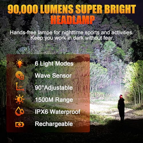 Sogdeco Headlamp Rechargeable, 16H Long Battery Life 90000LM Super Bright LED Head Lamp, Headlight Motion Sensor & Zoomable Headlamps for Adults Camping Cycling Walking Hunting Fishing