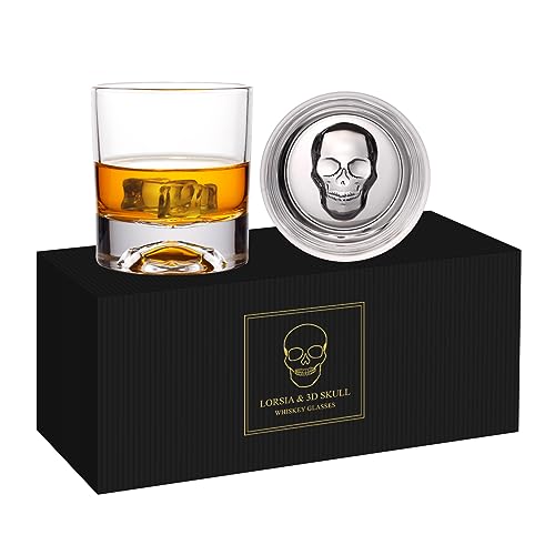 Skull Whiskey Rocks Glass, Crystal Bourbon Glasses Set of 2 In Gift Box - 10 Oz Old Fashioned Glasses for Scotch Cocktail Rum Cognac Vodka Liquor, Halloween, Christmas,Thanksgiving Gifts for Men