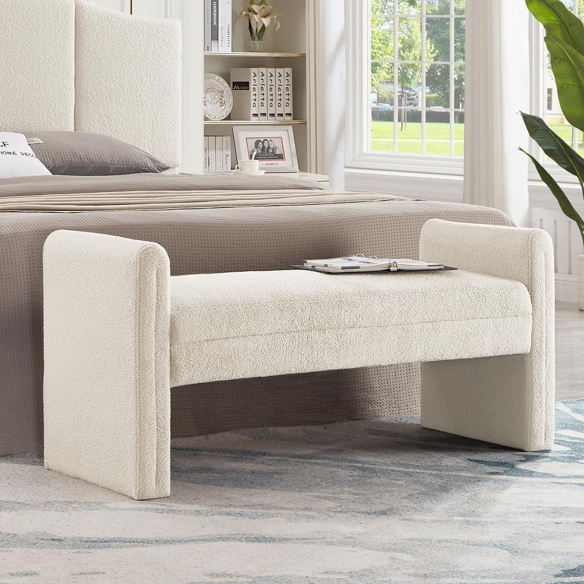 24KF Modern Boucle Teddy Lovely Bench, Upholstered Bed Bench Entryway Bench Ottoman with Armrest -Dark Gray