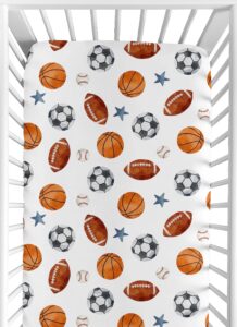 sweet jojo designs sports theme boy baby fitted crib sheet infant newborn nursery toddler bed room standard mattress watercolor vintage sport themed soccer balls football baseball basketball blue star