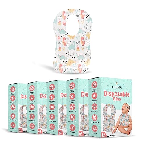 POUATU Premium Baby Disposable Bibs - Mess-Free Feeding and Easy Cleanup - 5 Packs of 20 (100 Count)