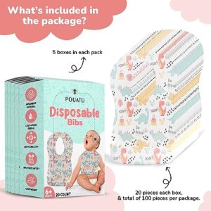 POUATU Premium Baby Disposable Bibs - Mess-Free Feeding and Easy Cleanup - 5 Packs of 20 (100 Count)