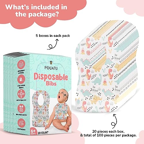 POUATU Premium Baby Disposable Bibs - Mess-Free Feeding and Easy Cleanup - 5 Packs of 20 (100 Count)