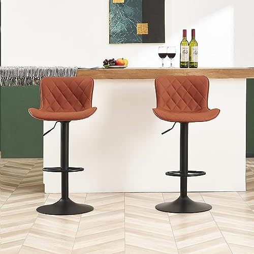 YOUNUOKE Bar Stools Set of 2 with Back Modern Faux Leather Swivel Counter Height Barstools Adjustable Tall Bar Stool Chairs for Kitchen Islands, Ochre Red