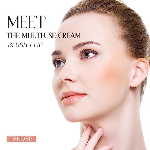 MYMERRY Blush Stick, Cream Blush for Cheeks and Lip Tint, Dewy Finish, Buildable & Blendable Color, Lightweight & Long-Lasting Formula | Tender-Peach & Angled Blush Brush（0.53fl.oz）