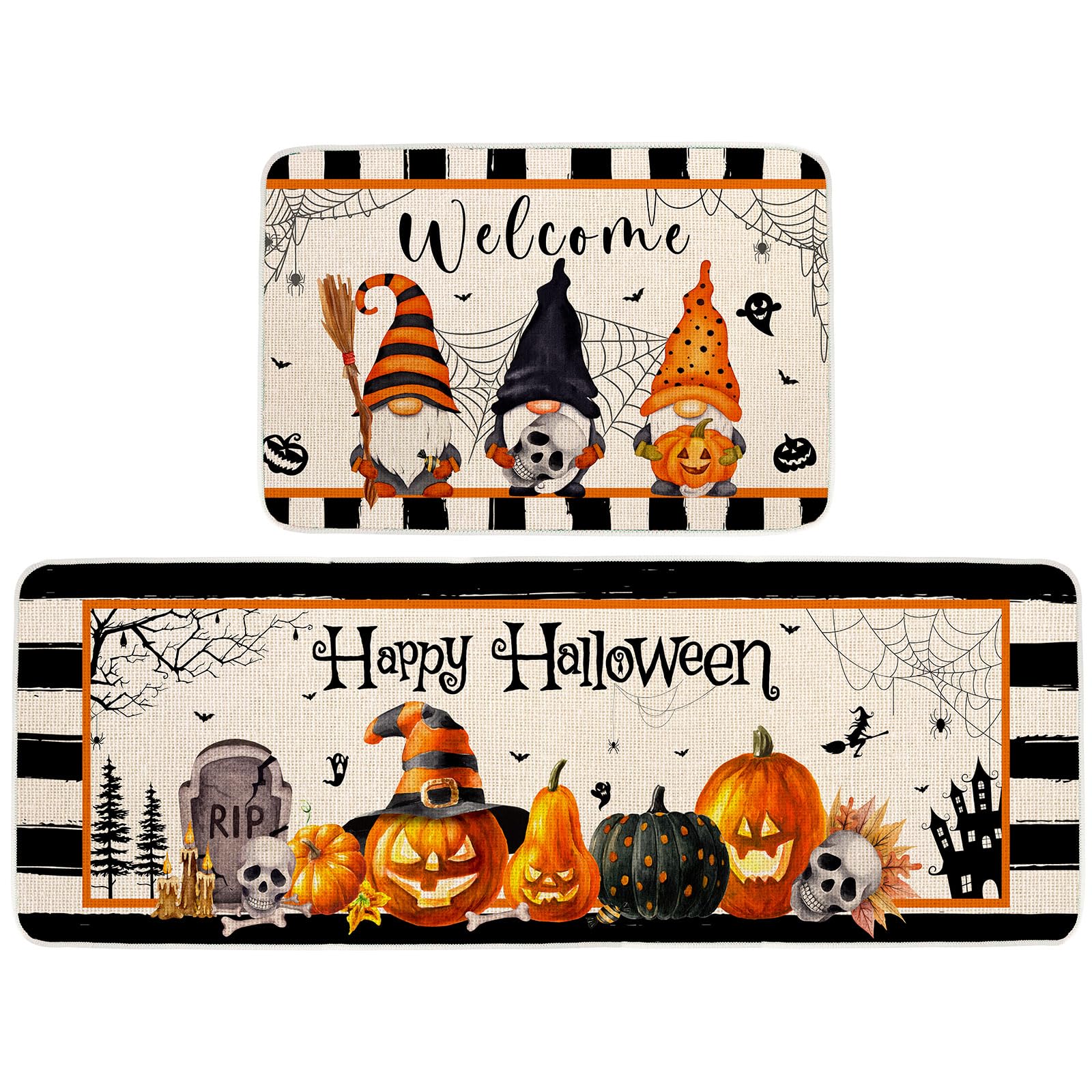 Svepndic Halloween Decorative Kitchen Mats Set of 2,Happy Halloween Kitchen Rugs and Mats,Halloween Non-Slip Gnome Doormat for Outdoor Indoor Kitchen Decor