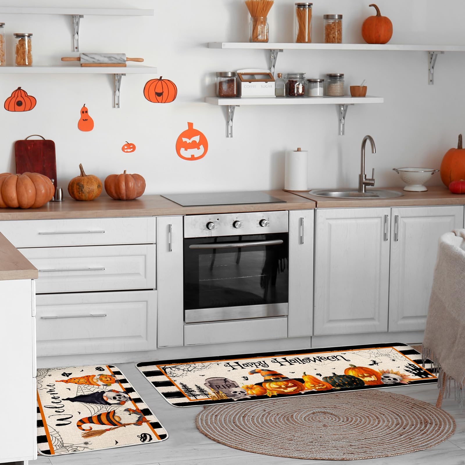 Svepndic Halloween Decorative Kitchen Mats Set of 2,Happy Halloween Kitchen Rugs and Mats,Halloween Non-Slip Gnome Doormat for Outdoor Indoor Kitchen Decor