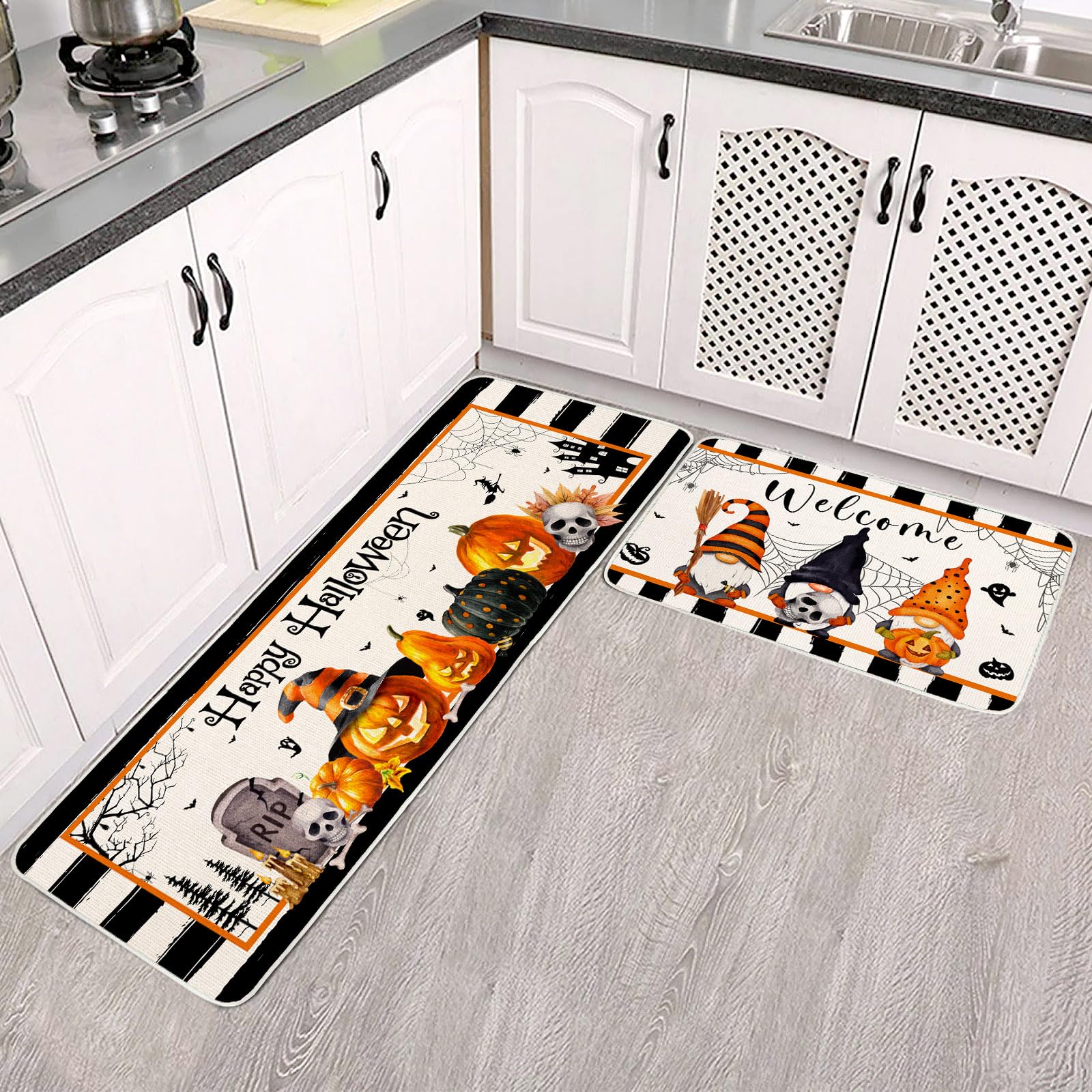 Svepndic Halloween Decorative Kitchen Mats Set of 2,Happy Halloween Kitchen Rugs and Mats,Halloween Non-Slip Gnome Doormat for Outdoor Indoor Kitchen Decor