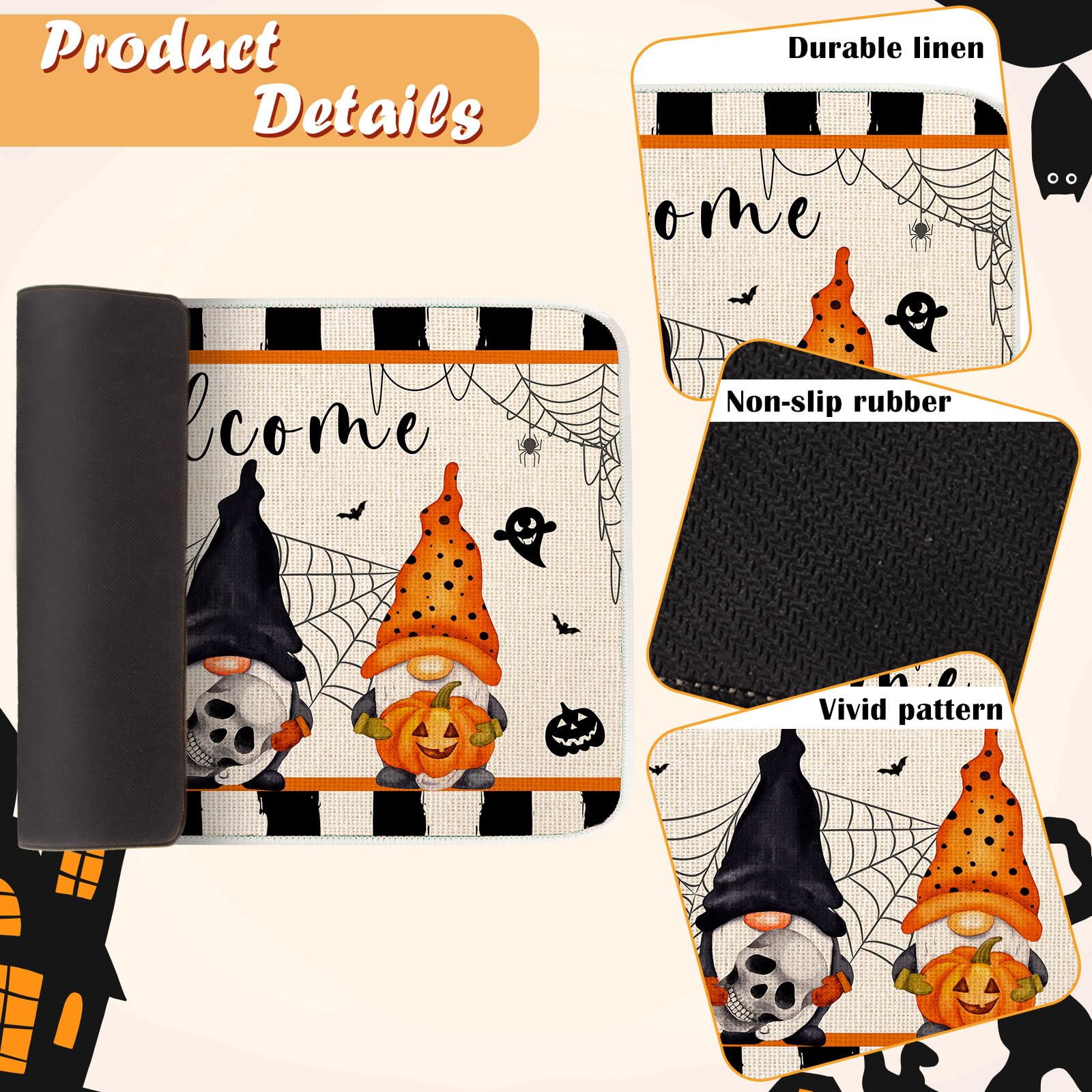 Svepndic Halloween Decorative Kitchen Mats Set of 2,Happy Halloween Kitchen Rugs and Mats,Halloween Non-Slip Gnome Doormat for Outdoor Indoor Kitchen Decor