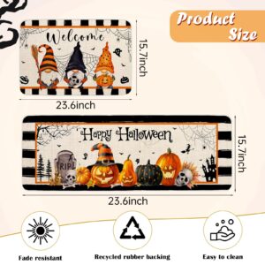 Svepndic Halloween Decorative Kitchen Mats Set of 2,Happy Halloween Kitchen Rugs and Mats,Halloween Non-Slip Gnome Doormat for Outdoor Indoor Kitchen Decor