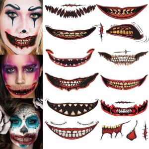 2023 new 12pcs halloween prank makeup temporary tattoo, halloween mouth tattoo stickers, clown face tattoos, fit for halloween prank makeup or joker mouth tattoo