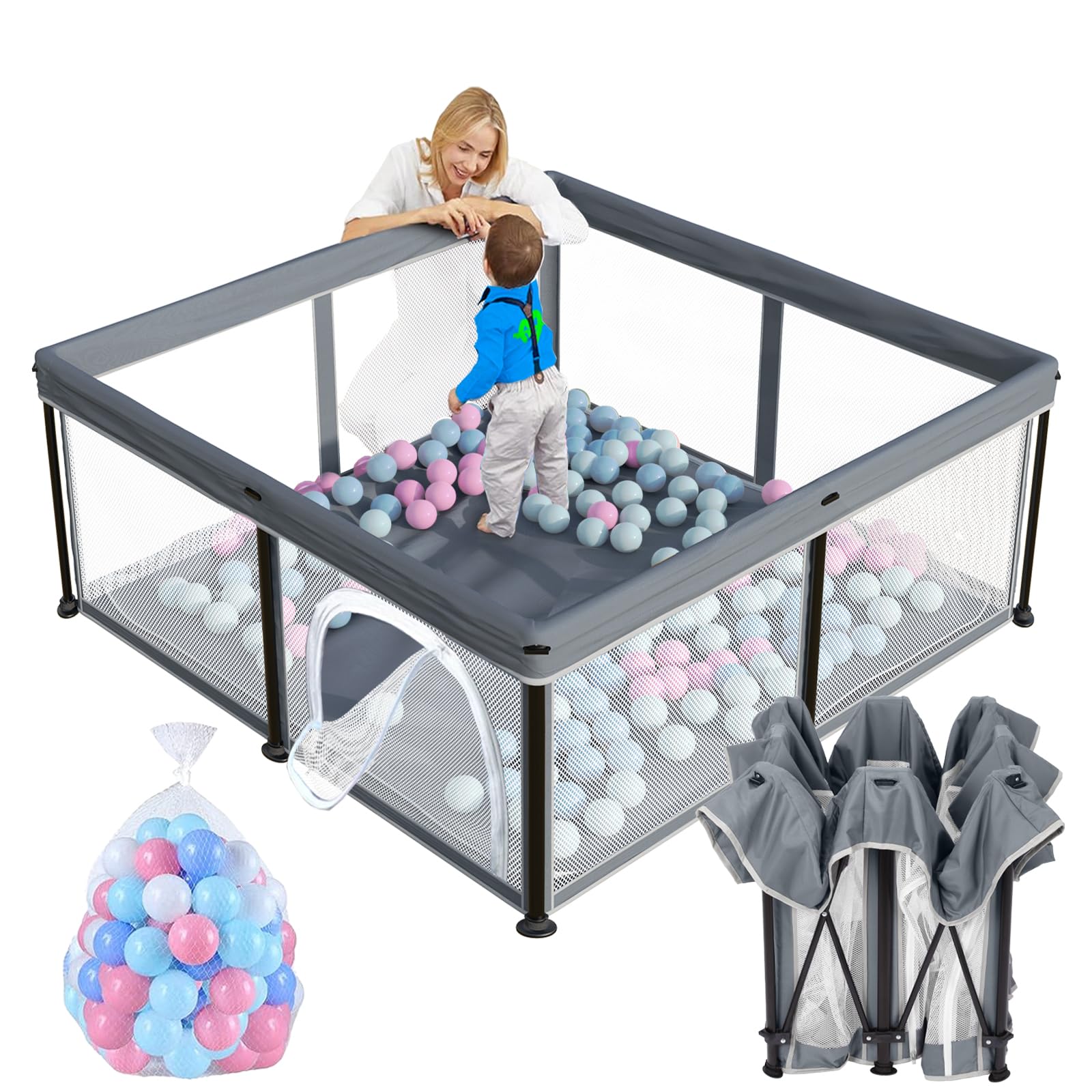 TOREVSIOR Foldable Baby Playpen, Foldable Playpen for Babies and Toddlers, Indoor & Outdoor Kids Safety Play Pen, Portable Play Yard, Foldable Baby Playpen with 50 Ocean Balls (50"×50")