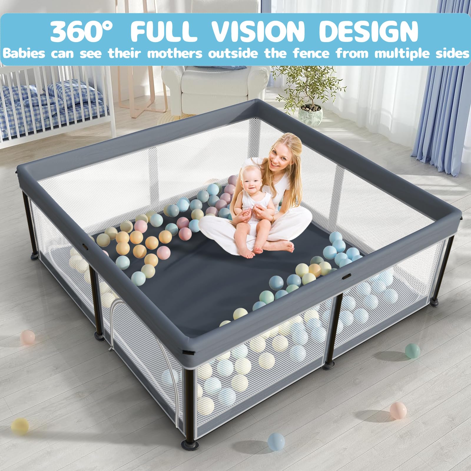 TOREVSIOR Foldable Baby Playpen, Foldable Playpen for Babies and Toddlers, Indoor & Outdoor Kids Safety Play Pen, Portable Play Yard, Foldable Baby Playpen with 50 Ocean Balls (50"×50")