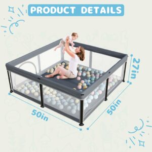 TOREVSIOR Foldable Baby Playpen, Foldable Playpen for Babies and Toddlers, Indoor & Outdoor Kids Safety Play Pen, Portable Play Yard, Foldable Baby Playpen with 50 Ocean Balls (50"×50")