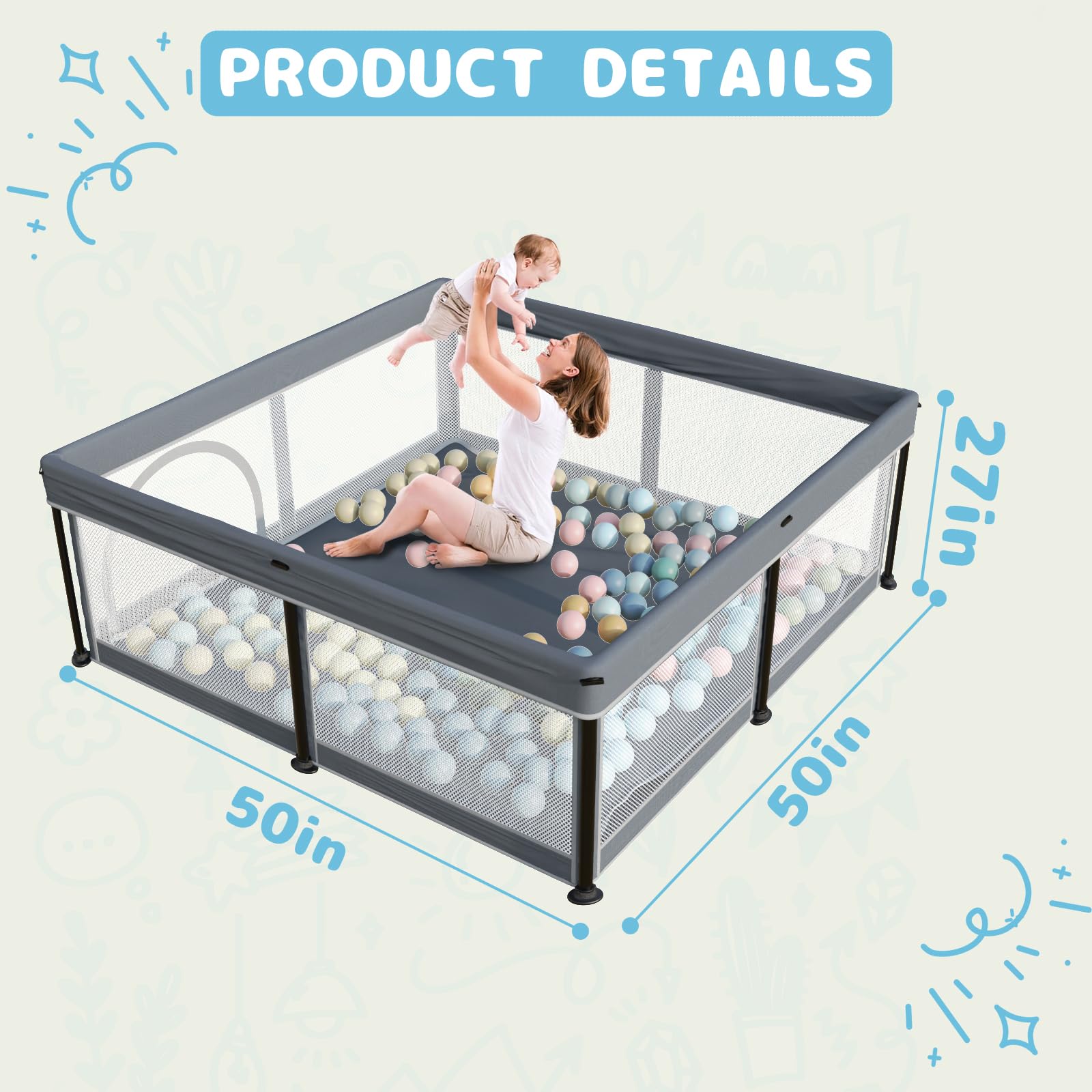 TOREVSIOR Foldable Baby Playpen, Foldable Playpen for Babies and Toddlers, Indoor & Outdoor Kids Safety Play Pen, Portable Play Yard, Foldable Baby Playpen with 50 Ocean Balls (50"×50")