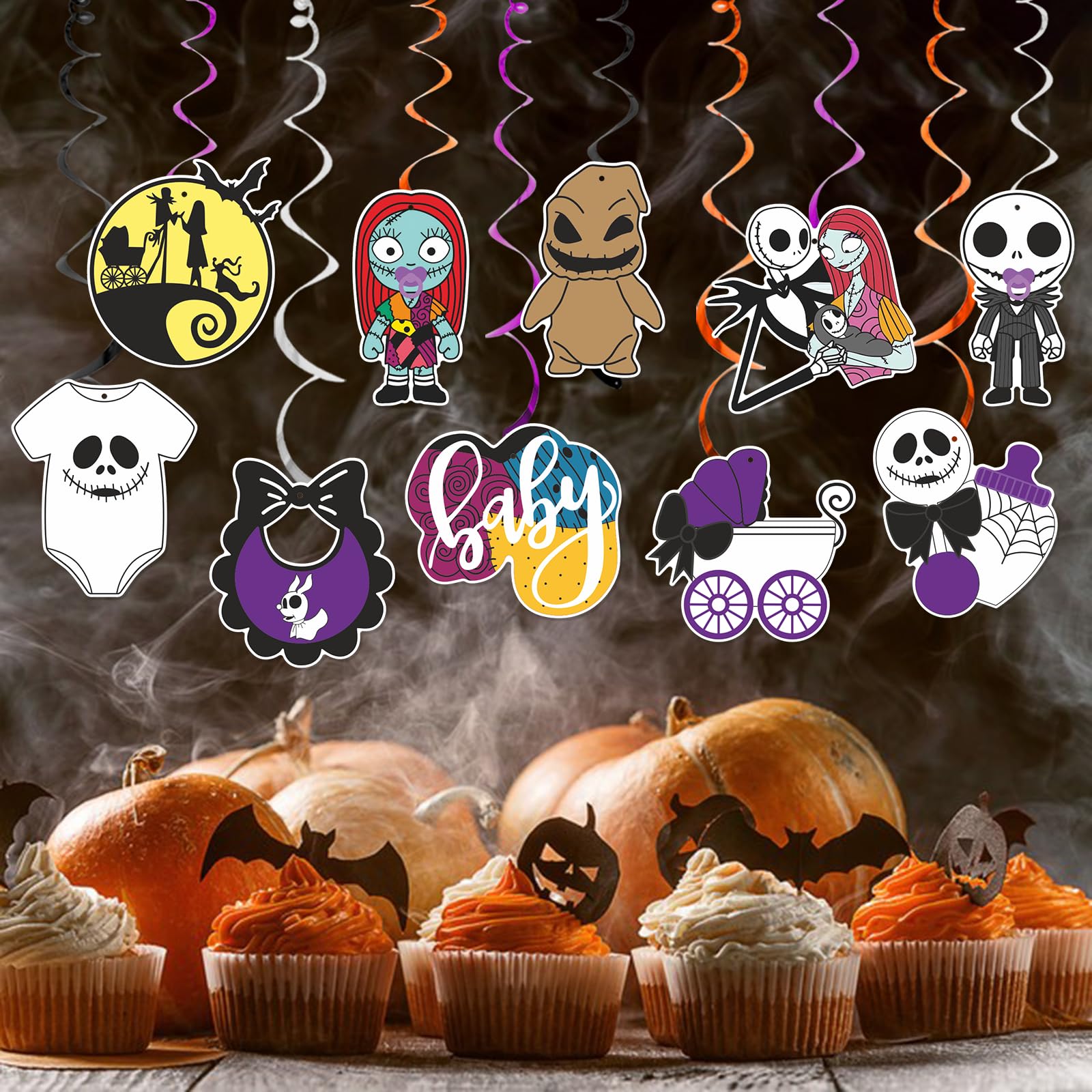 HigzYovn Nightmare Before Christmas Baby Shower Hanging Decorations, 10 Pieces, 8 x 9 inches, Round, Unisex, Hand Wash Only