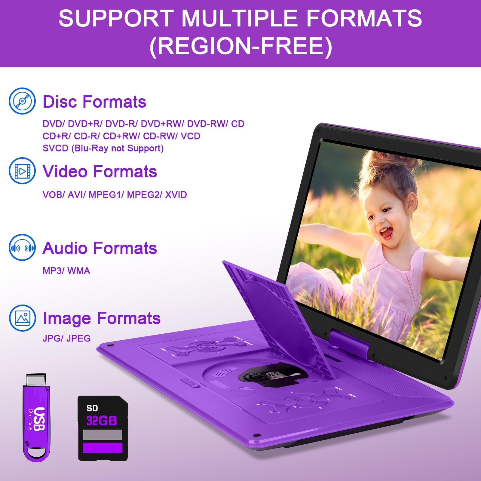 𝒀𝑶𝑶𝑯𝑶𝑶 17.9'' Portable DVD Player with 15.6" Large Swivel Screen, 6 Hours Battery DVD Player Portable with Car Charger and AC Adapter, Support USB/SD Card/Sync TV, Region Free, Purple