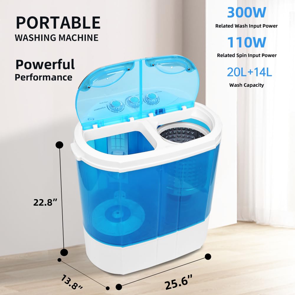 Portable Mini Washer 13lb Portable Washer Compact Twin Tub Machine Spinning and Washing Combo 6.57 FT Inlet Gravity Drain Hose for Laundry, Dorms, College, RV, Camping