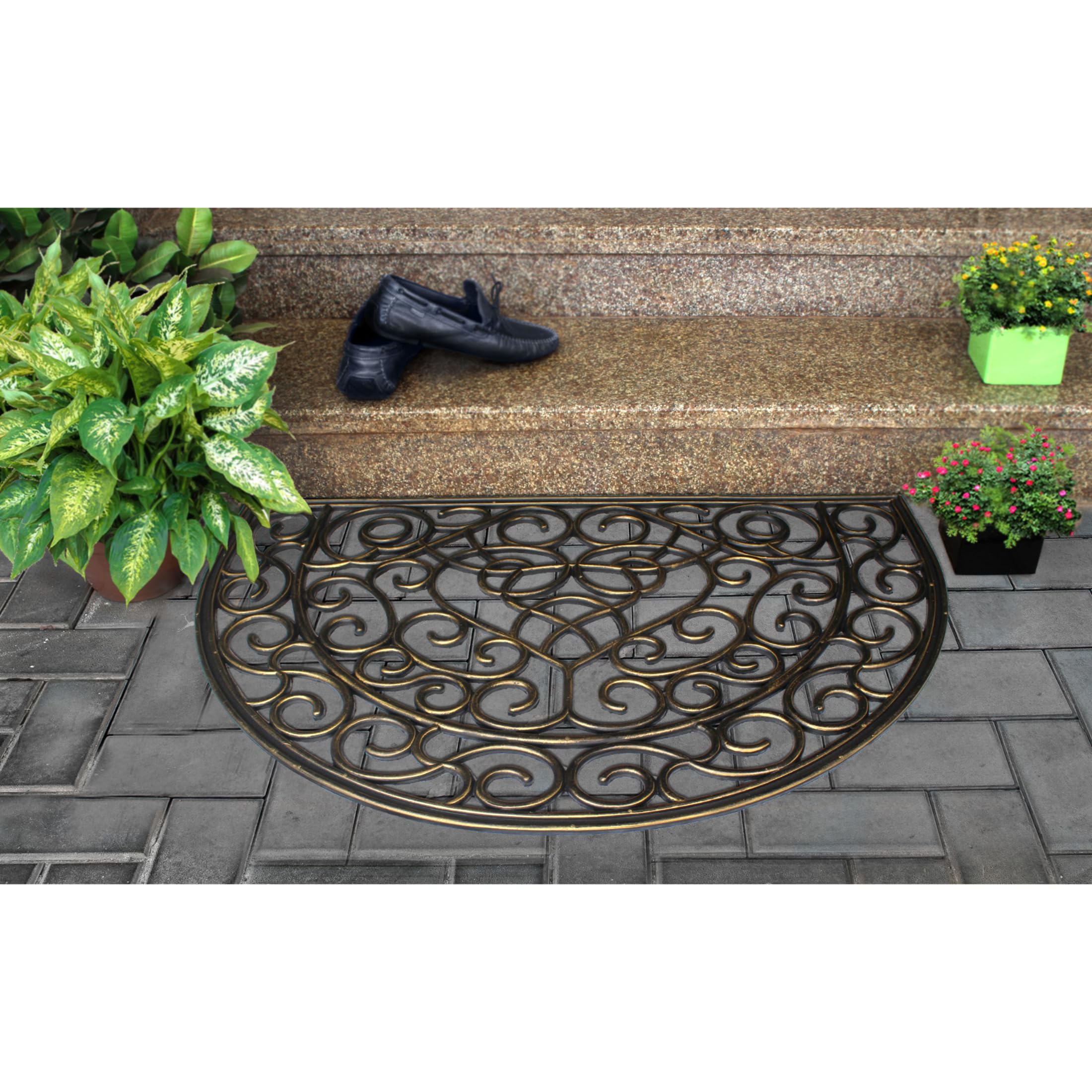 RugSmith Gold Moulded Vines Half-Round Rubber Doormat, 24"x36"