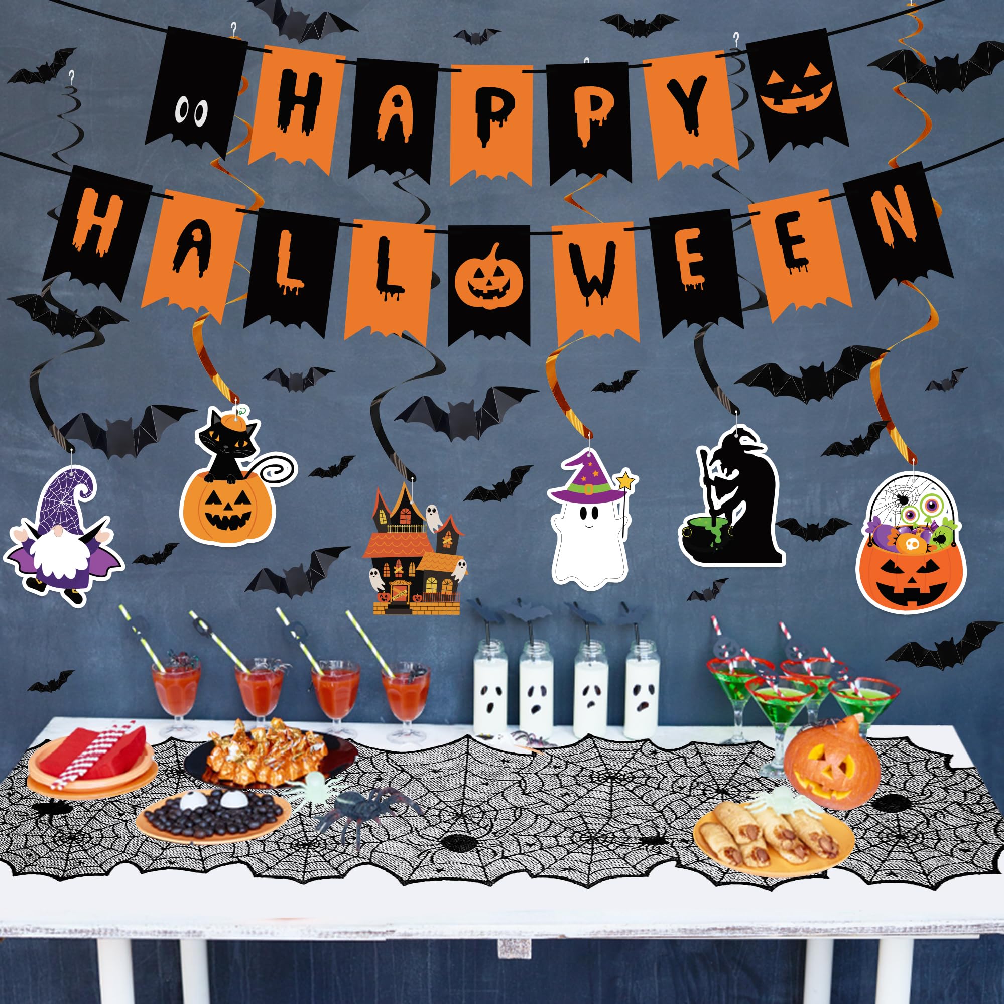 Halloween Decorations Indoor Set - Halloween Festive Decor Happy Halloween Banner Hanging Swirls & Spider Web Table Runner & Mantel Scarf & 3D Bat Sticker for Spooky Haunted House Home Kitchen Decor