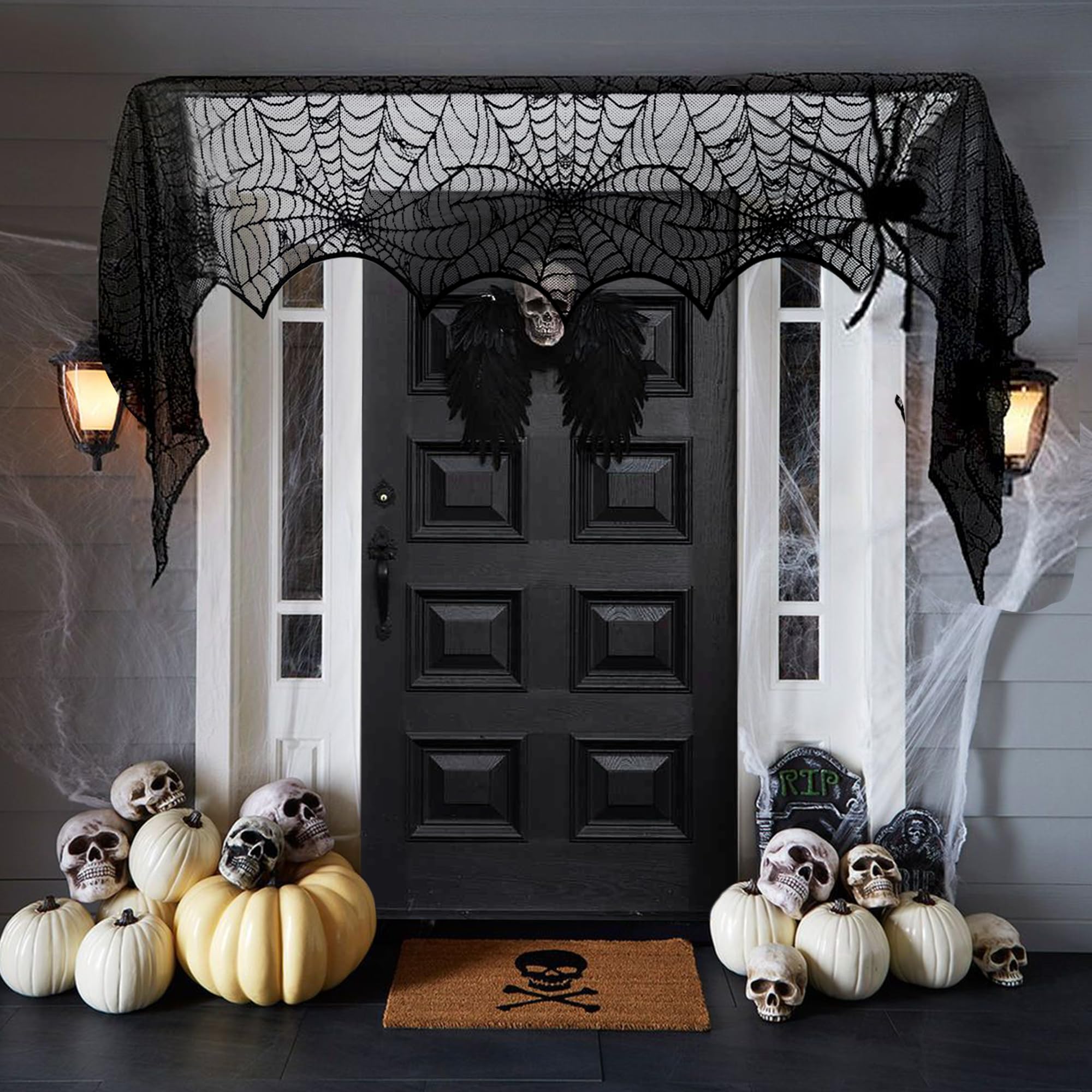 Halloween Decorations Indoor Set - Halloween Festive Decor Happy Halloween Banner Hanging Swirls & Spider Web Table Runner & Mantel Scarf & 3D Bat Sticker for Spooky Haunted House Home Kitchen Decor