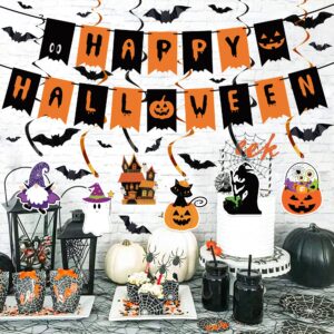 Halloween Decorations Indoor Set - Halloween Festive Decor Happy Halloween Banner Hanging Swirls & Spider Web Table Runner & Mantel Scarf & 3D Bat Sticker for Spooky Haunted House Home Kitchen Decor