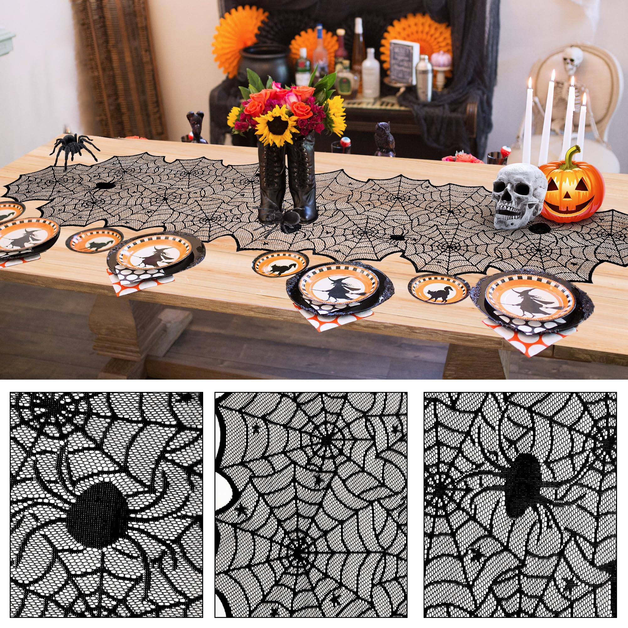 Halloween Decorations Indoor Set - Halloween Festive Decor Happy Halloween Banner Hanging Swirls & Spider Web Table Runner & Mantel Scarf & 3D Bat Sticker for Spooky Haunted House Home Kitchen Decor