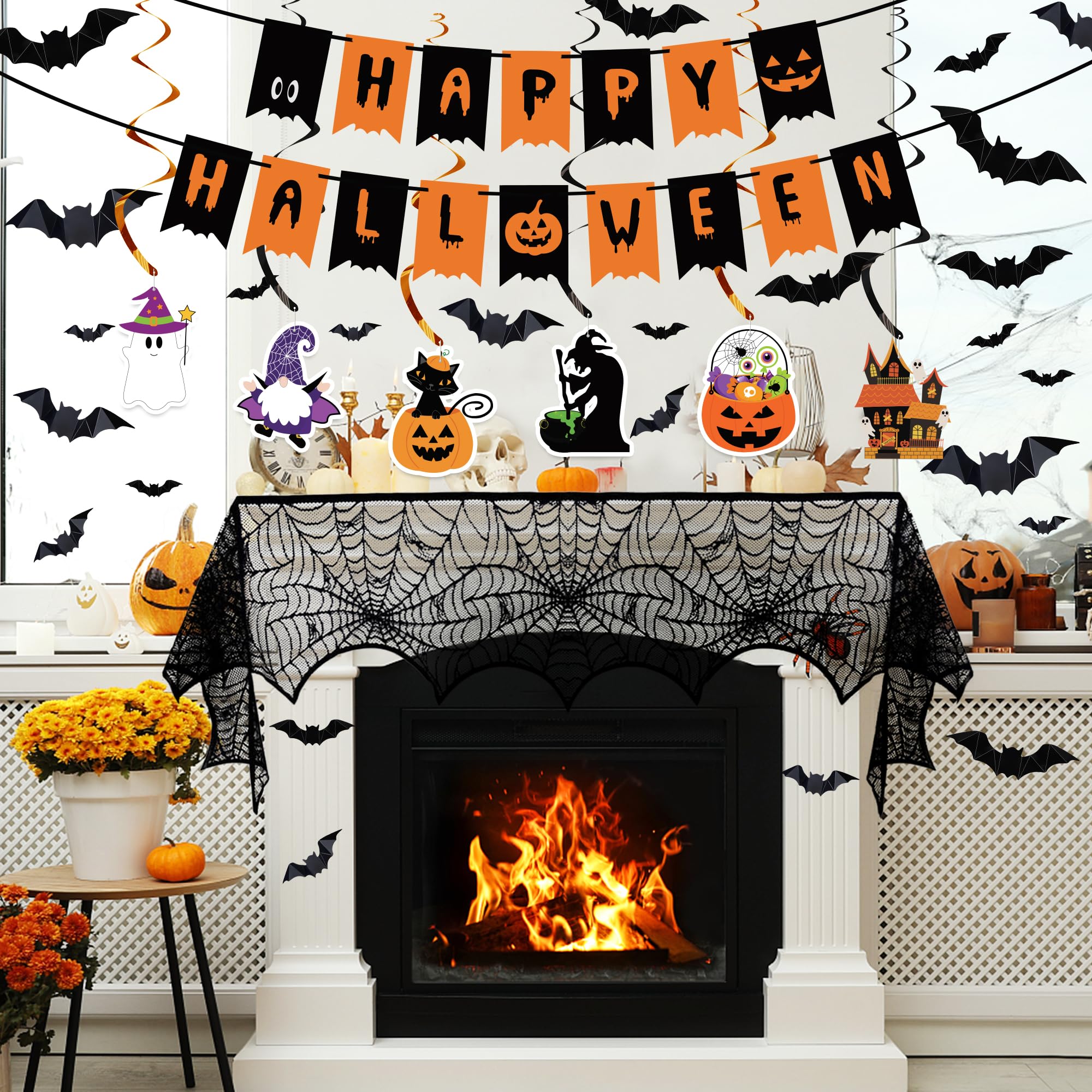 Halloween Decorations Indoor Set - Halloween Festive Decor Happy Halloween Banner Hanging Swirls & Spider Web Table Runner & Mantel Scarf & 3D Bat Sticker for Spooky Haunted House Home Kitchen Decor