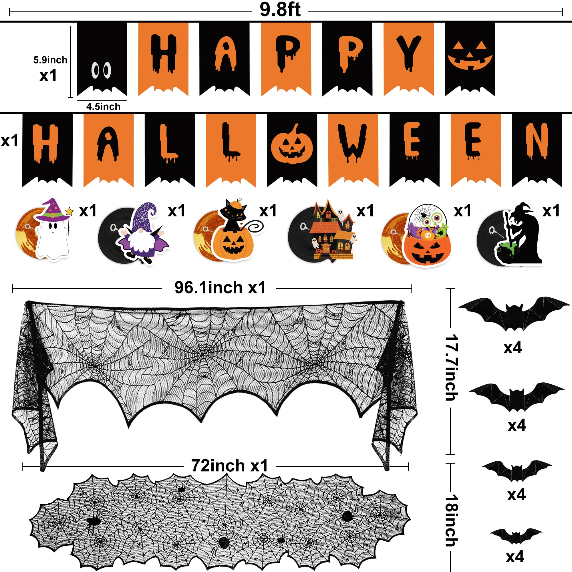 Halloween Decorations Indoor Set - Halloween Festive Decor Happy Halloween Banner Hanging Swirls & Spider Web Table Runner & Mantel Scarf & 3D Bat Sticker for Spooky Haunted House Home Kitchen Decor