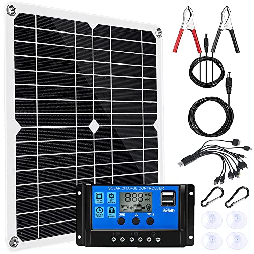 WOSILICON Solar Panel Kit Portable 20W 12V Monocrystalline, with 10A Solar Charge Controller and Extension Cable with Battery Clips for Home Outdoor Lights RV Camping Blink Outdoor Camera Generators