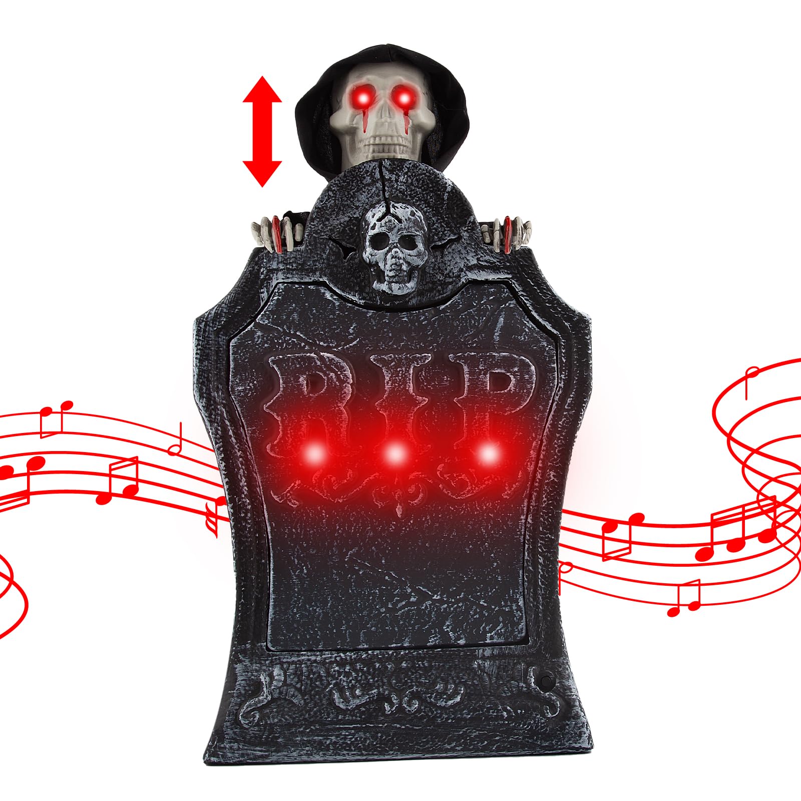 Halloween Decoration Tombstone with Scary Music, Animated Movable Skeleton Skull with Glowing Eyes & Voice Activation Halloween Decor for Yard Lawn Haunted House Indoor Outdoor Party Props