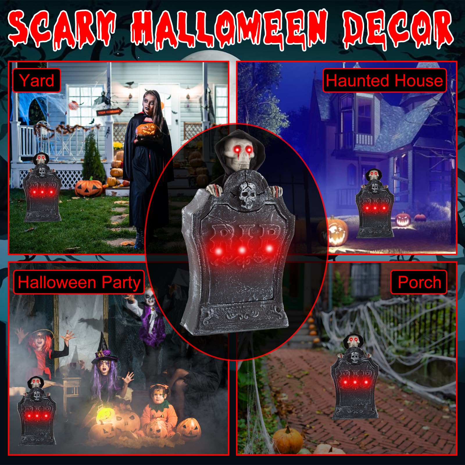 Halloween Decoration Tombstone with Scary Music, Animated Movable Skeleton Skull with Glowing Eyes & Voice Activation Halloween Decor for Yard Lawn Haunted House Indoor Outdoor Party Props