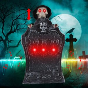 Halloween Decoration Tombstone with Scary Music, Animated Movable Skeleton Skull with Glowing Eyes & Voice Activation Halloween Decor for Yard Lawn Haunted House Indoor Outdoor Party Props