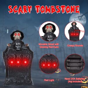 Halloween Decoration Tombstone with Scary Music, Animated Movable Skeleton Skull with Glowing Eyes & Voice Activation Halloween Decor for Yard Lawn Haunted House Indoor Outdoor Party Props