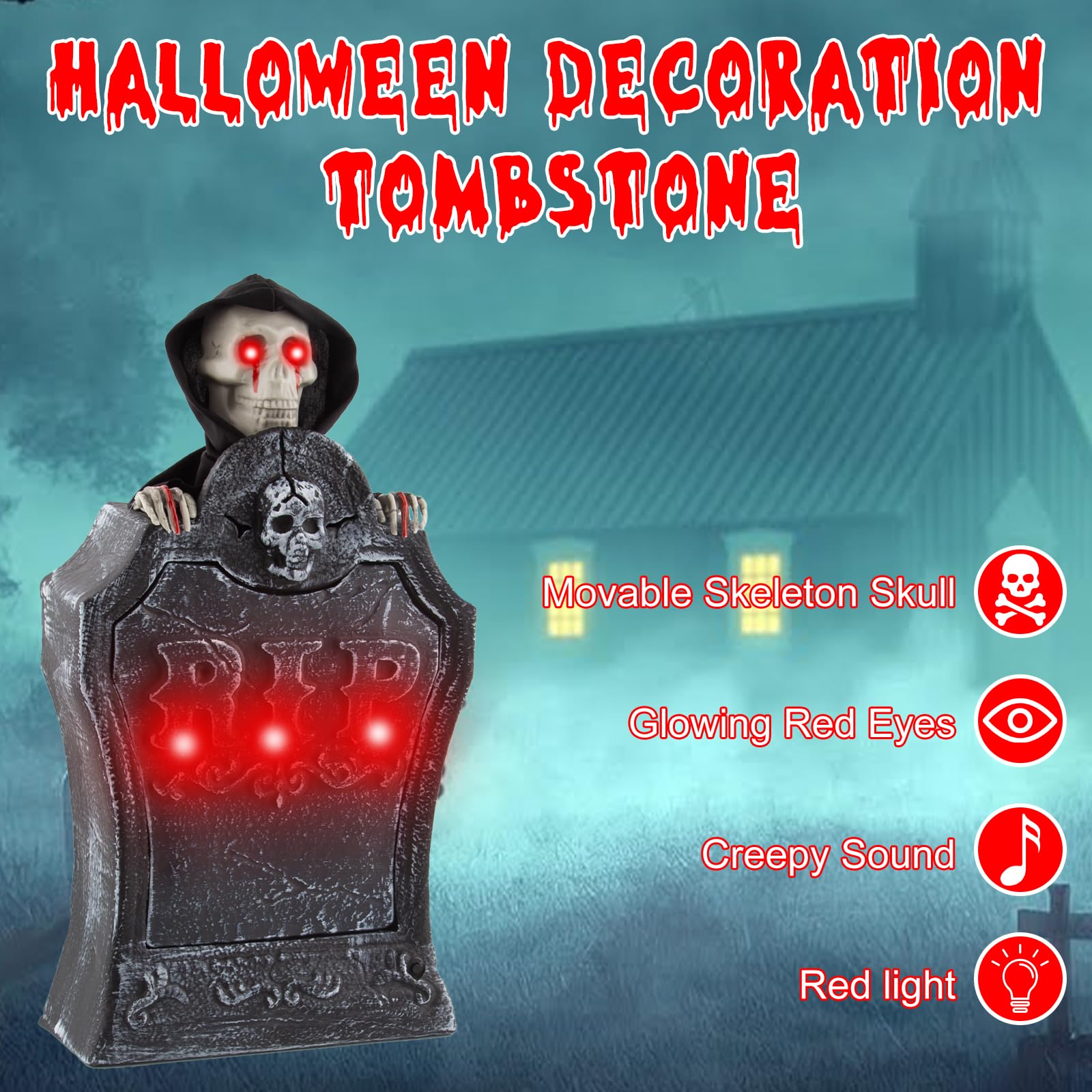 Halloween Decoration Tombstone with Scary Music, Animated Movable Skeleton Skull with Glowing Eyes & Voice Activation Halloween Decor for Yard Lawn Haunted House Indoor Outdoor Party Props